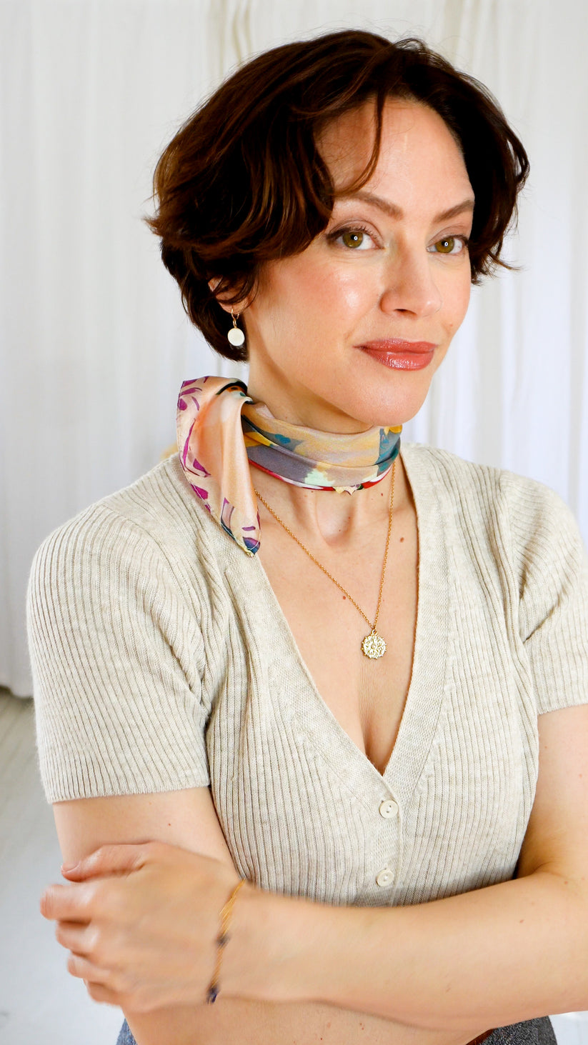 Ani 100% Silk Scarf | Pink and Green Desert Cactus | 20" small square ...